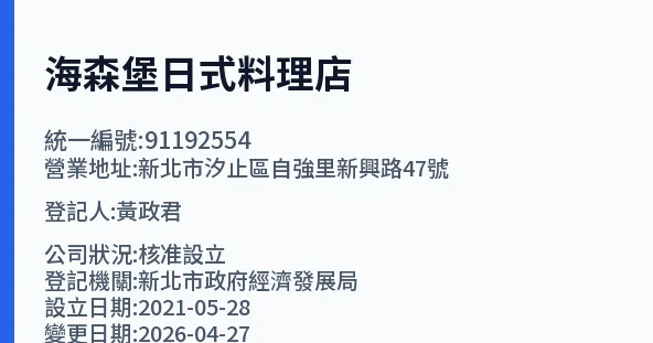 海森堡日式料理店的照片-統編 91192554(新北市) 公司登記資料與營業項目詳細圖表