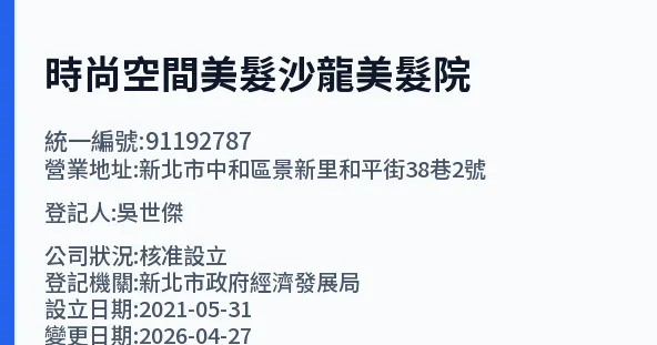 時尚空間美髮沙龍美髮院的照片-統編 91192787(新北市) 公司登記資料與營業項目詳細圖表