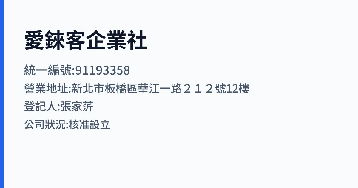 愛錸客企業社 - 統編 91193358(新北市) 公司登記資料與營業項目詳細圖表
