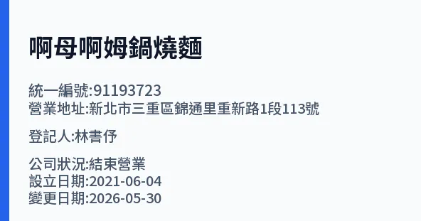 啊母啊姆鍋燒麵的照片-統編 91193723(新北市) 公司登記資料與營業項目詳細圖表