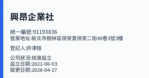 興昂企業社的照片-統編 91193836(新北市) 公司登記資料與營業項目詳細圖表
