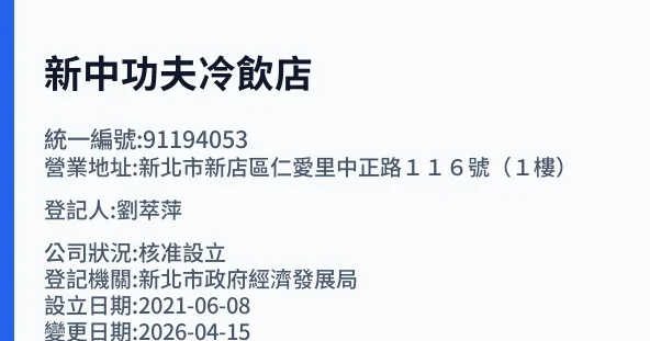 新中功夫冷飲店的照片-統編 91194053(新北市) 公司登記資料與營業項目詳細圖表