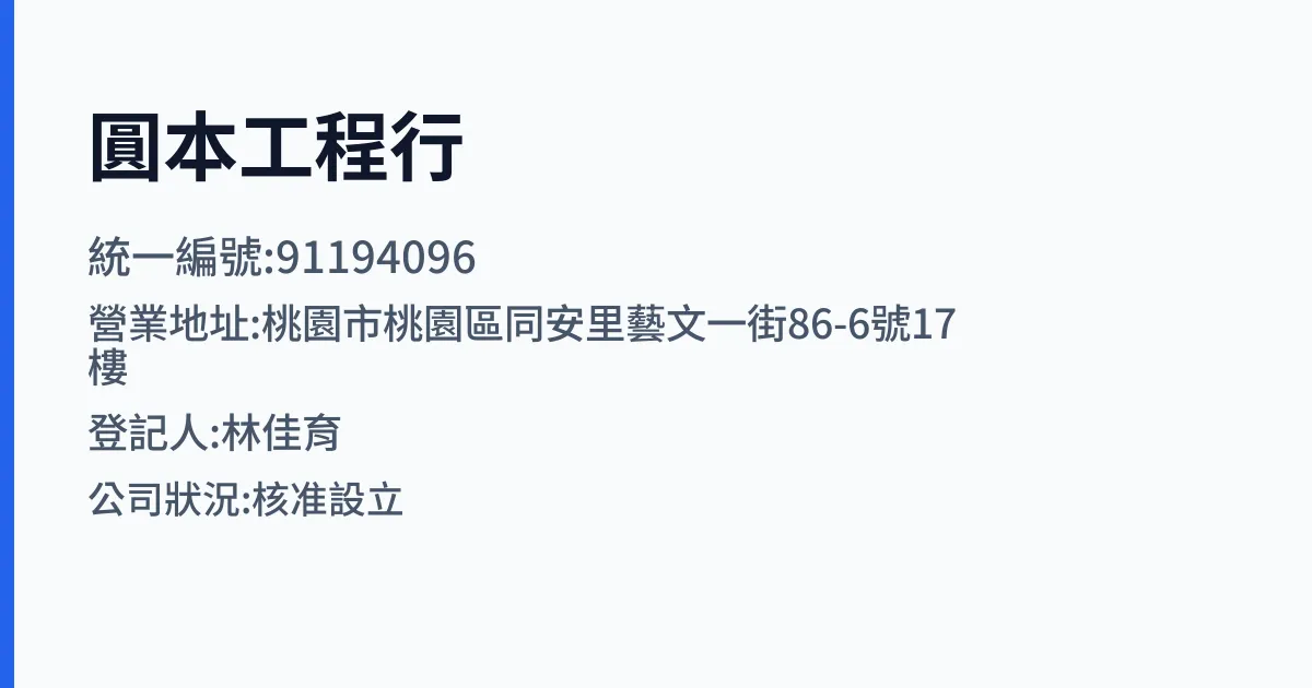 圓本工程行 - 統編 91194096(桃園市) 公司登記資料與營業項目詳細圖表