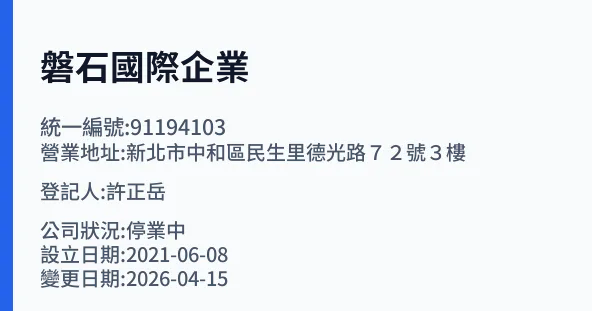 磐石國際企業的照片-統編 91194103(新北市) 公司登記資料與營業項目詳細圖表