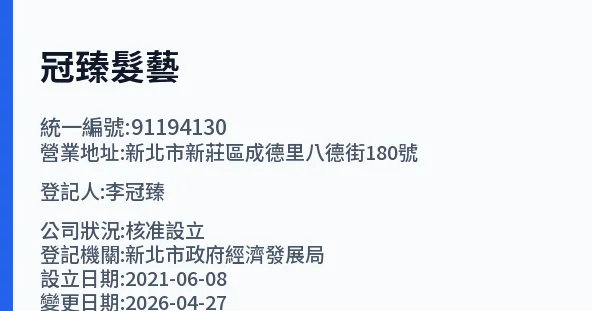 冠臻髮藝的照片-統編 91194130(新北市) 公司登記資料與營業項目詳細圖表