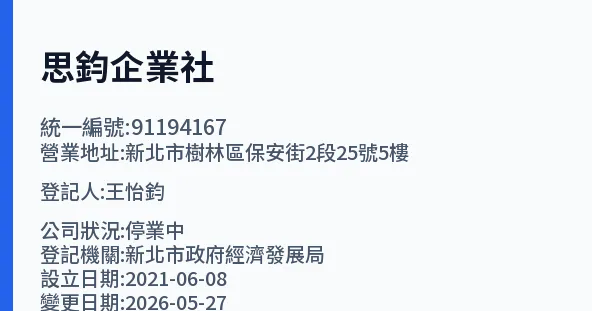 思鈞企業社的照片-統編 91194167(新北市) 公司登記資料與營業項目詳細圖表