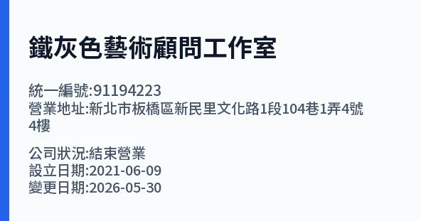 鐵灰色藝術顧問工作室的照片-統編 91194223(新北市) 公司登記資料與營業項目詳細圖表