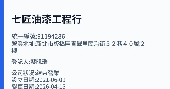 七匠油漆工程行的照片-統編 91194286(新北市) 公司登記資料與營業項目詳細圖表