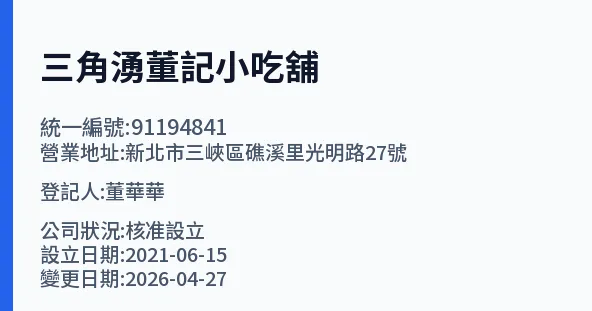 三角湧董記小吃舖的照片-統編 91194841(新北市) 公司登記資料與營業項目詳細圖表