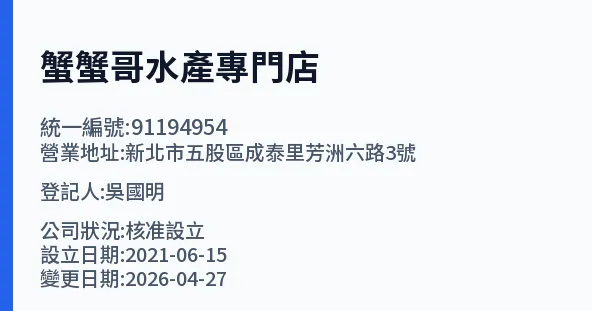 蟹蟹哥水產專門店的照片-統編 91194954(新北市) 公司登記資料與營業項目詳細圖表