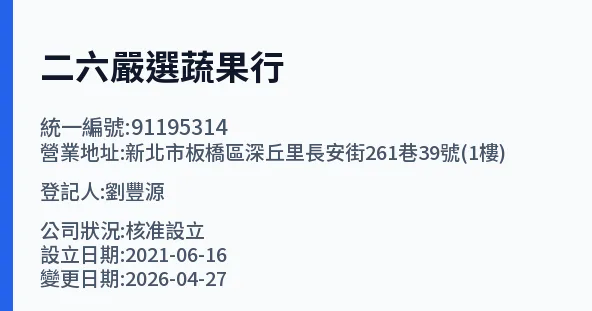 二六嚴選蔬果行的照片-統編 91195314(新北市) 公司登記資料與營業項目詳細圖表