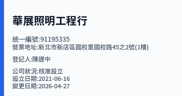 華展照明工程行的照片-統編 91195335(新北市) 公司登記資料與營業項目詳細圖表