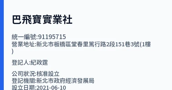 巴飛寶實業社的照片-統編 91195715(新北市) 公司登記資料與營業項目詳細圖表