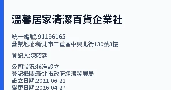 溫馨居家清潔百貨企業社的照片-統編 91196165(新北市) 公司登記資料與營業項目詳細圖表