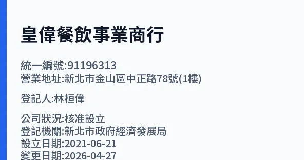 皇偉餐飲事業商行的照片-統編 91196313(新北市) 公司登記資料與營業項目詳細圖表