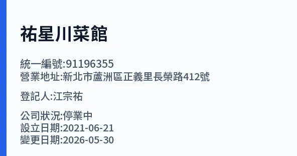 祐星川菜館的照片-統編 91196355(新北市) 公司登記資料與營業項目詳細圖表