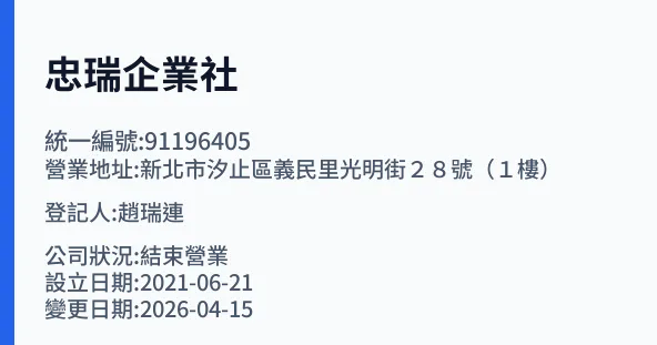 忠瑞企業社的照片-統編 91196405(新北市) 公司登記資料與營業項目詳細圖表