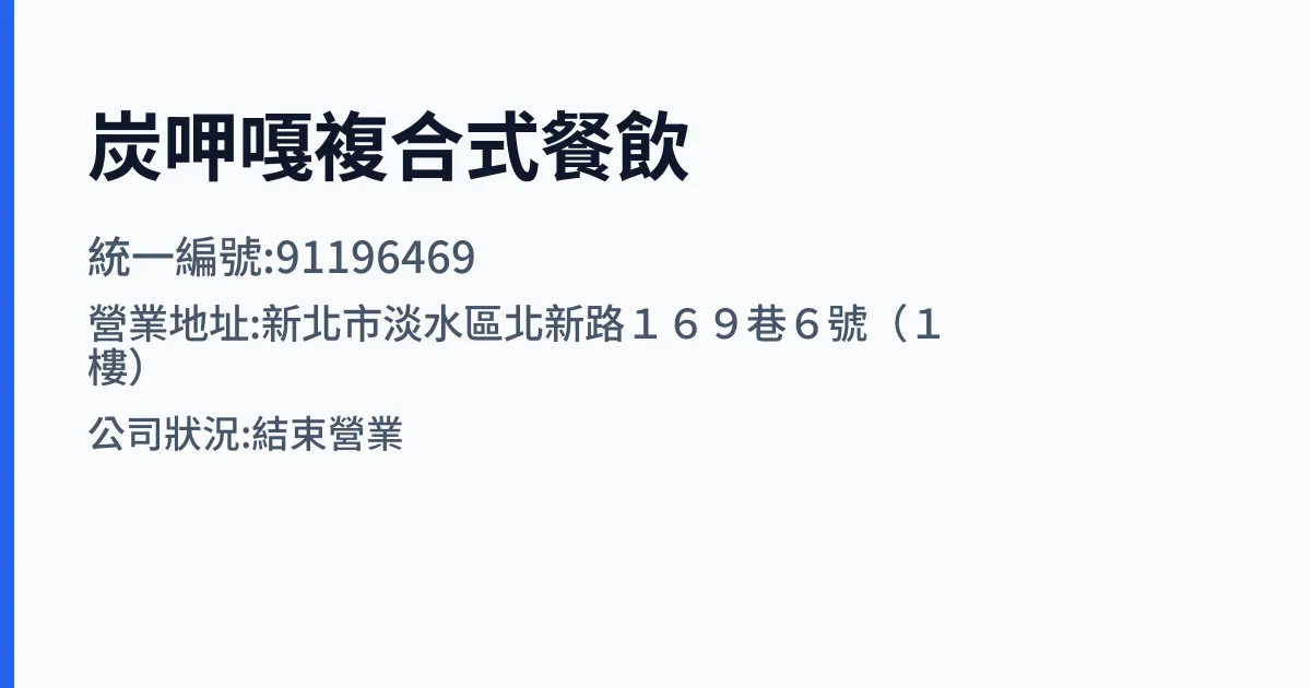 炭呷嘎複合式餐飲 - 統編 91196469(新北市) 公司登記資料與營業項目詳細圖表