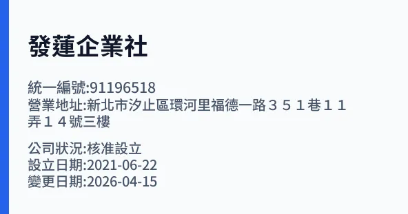發蓮企業社的照片-統編 91196518(新北市) 公司登記資料與營業項目詳細圖表