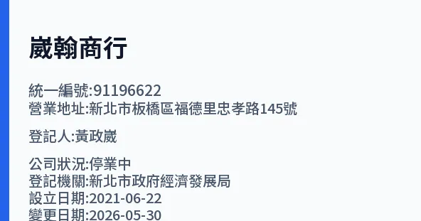 崴翰商行的照片-統編 91196622(新北市) 公司登記資料與營業項目詳細圖表