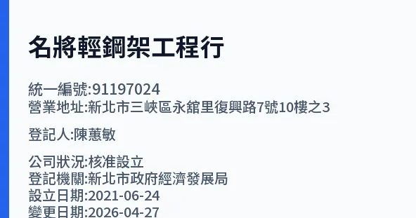 名將輕鋼架工程行的照片-統編 91197024(新北市) 公司登記資料與營業項目詳細圖表