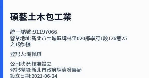 碩藝土木包工業的照片-統編 91197066(新北市) 公司登記資料與營業項目詳細圖表
