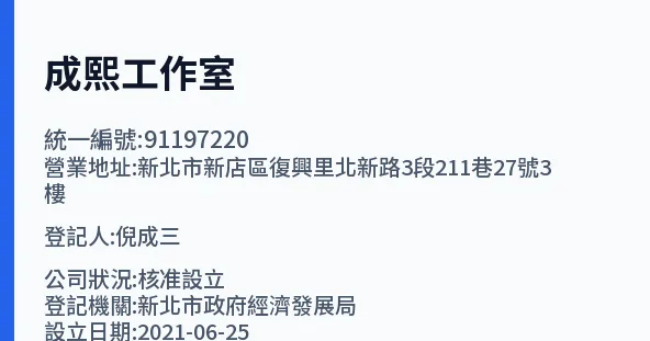 成熙工作室的照片-統編 91197220(新北市) 公司登記資料與營業項目詳細圖表