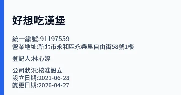 好想吃漢堡的照片-統編 91197559(新北市) 公司登記資料與營業項目詳細圖表