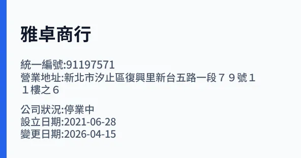 雅卓商行的照片-統編 91197571(新北市) 公司登記資料與營業項目詳細圖表