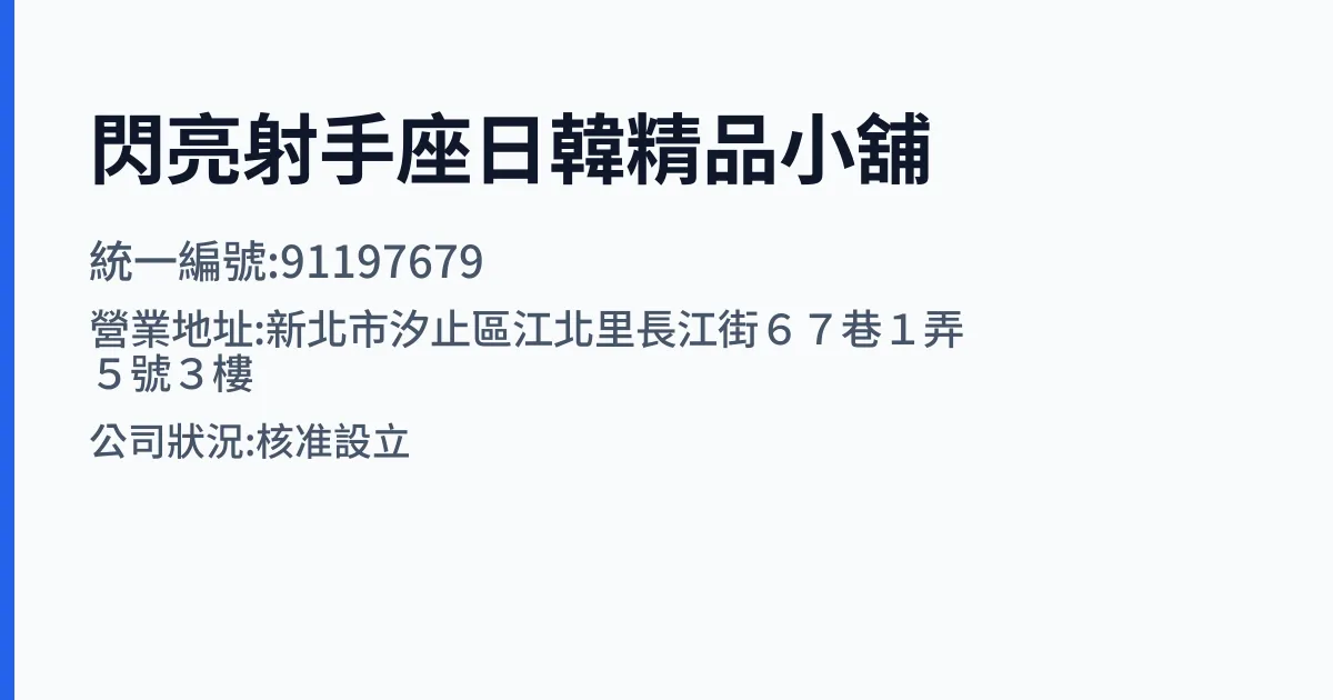 閃亮射手座日韓精品小舖 - 統編 91197679(新北市) 公司登記資料與營業項目詳細圖表
