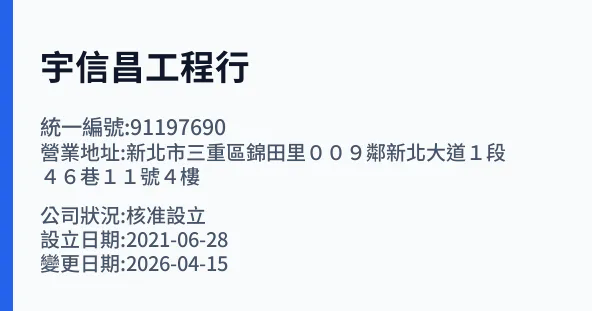 宇信昌工程行的照片-統編 91197690(新北市) 公司登記資料與營業項目詳細圖表