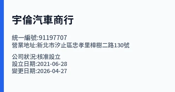 宇倫汽車商行的照片-統編 91197707(新北市) 公司登記資料與營業項目詳細圖表
