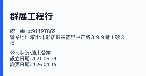群展工程行的照片-統編 91197869(新北市) 公司登記資料與營業項目詳細圖表