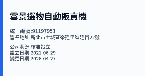 雲景選物自動販賣機的照片-統編 91197951(新北市) 公司登記資料與營業項目詳細圖表