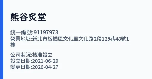 熊谷炙堂的照片-統編 91197973(新北市) 公司登記資料與營業項目詳細圖表