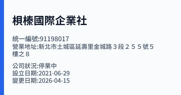 梖榛國際企業社的照片-統編 91198017(新北市) 公司登記資料與營業項目詳細圖表