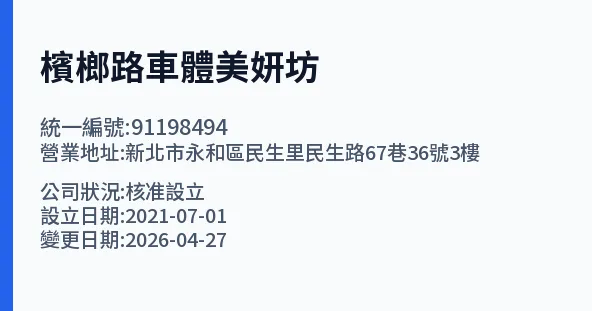檳榔路車體美妍坊的照片-統編 91198494(新北市) 公司登記資料與營業項目詳細圖表