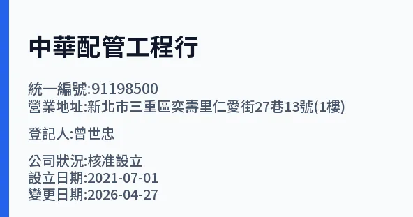 中華配管工程行的照片-統編 91198500(新北市) 公司登記資料與營業項目詳細圖表