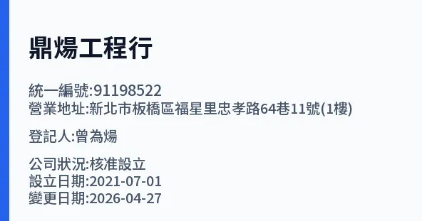 鼎煬工程行的照片-統編 91198522(新北市) 公司登記資料與營業項目詳細圖表
