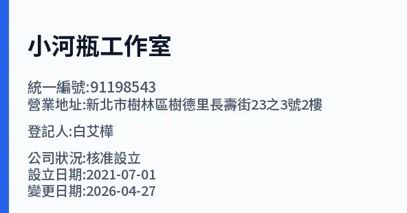 小河瓶工作室的照片-統編 91198543(新北市) 公司登記資料與營業項目詳細圖表
