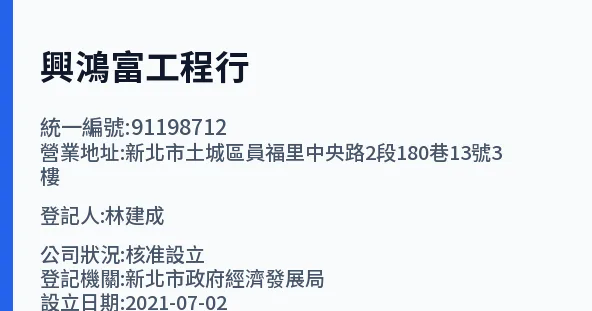 興鴻富工程行的照片-統編 91198712(新北市) 公司登記資料與營業項目詳細圖表