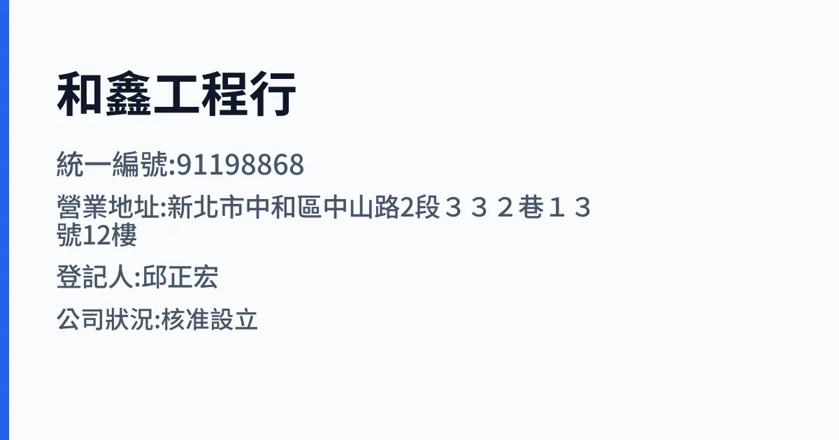 和鑫工程行 - 統編 91198868(新北市) 公司登記資料與營業項目詳細圖表