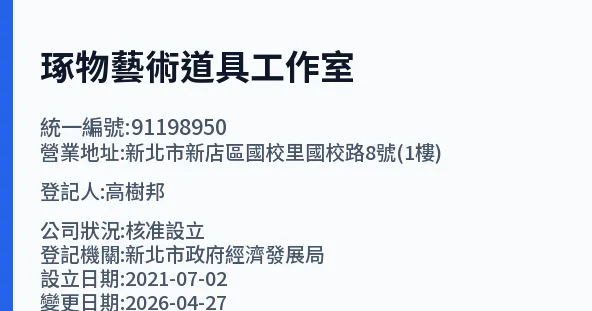 琢物藝術道具工作室的照片-統編 91198950(新北市) 公司登記資料與營業項目詳細圖表