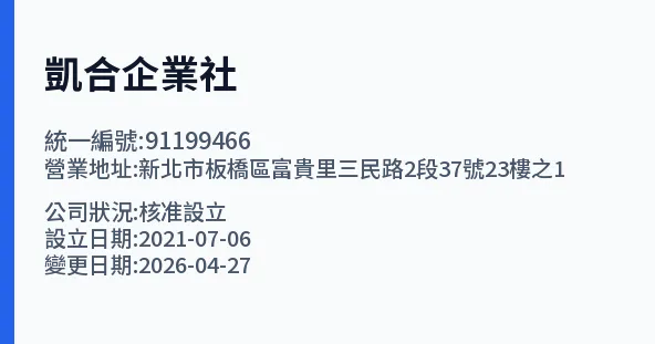 凱合企業社的照片-統編 91199466(新北市) 公司登記資料與營業項目詳細圖表