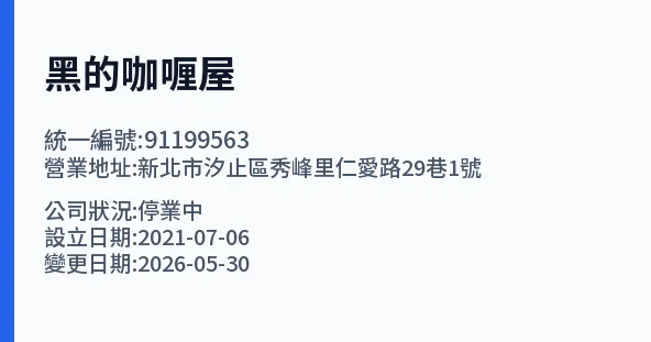 黑的咖喱屋的照片-統編 91199563(新北市) 公司登記資料與營業項目詳細圖表