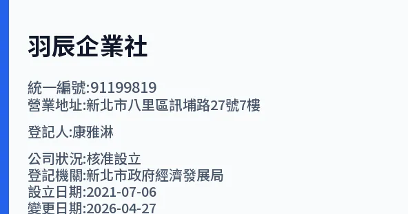 羽辰企業社的照片-統編 91199819(新北市) 公司登記資料與營業項目詳細圖表