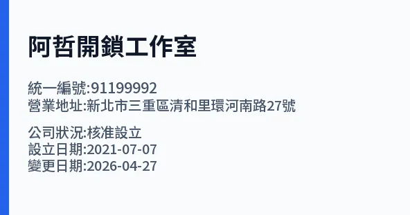 阿哲開鎖工作室的照片-統編 91199992(新北市) 公司登記資料與營業項目詳細圖表