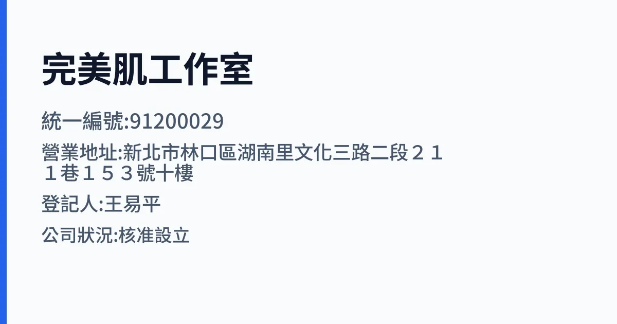 完美肌工作室 - 統編 91200029(新北市) 公司登記資料與營業項目詳細圖表