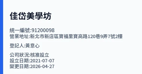 佳岱美學坊的照片-統編 91200098(新北市) 公司登記資料與營業項目詳細圖表