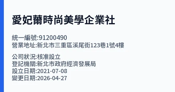 愛妃薾時尚美學企業社的照片-統編 91200490(新北市) 公司登記資料與營業項目詳細圖表